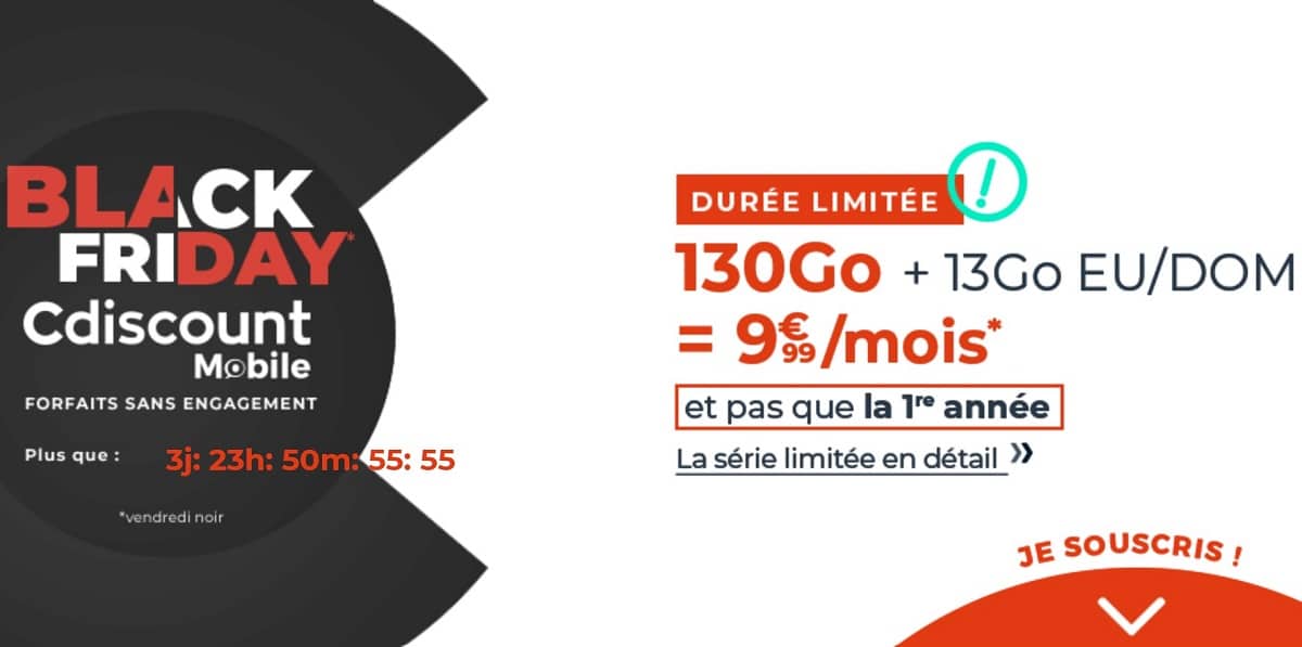 Black Friday Cdiscount : ce forfait mobile 130 Go est à 9,99 € / mois à vie
