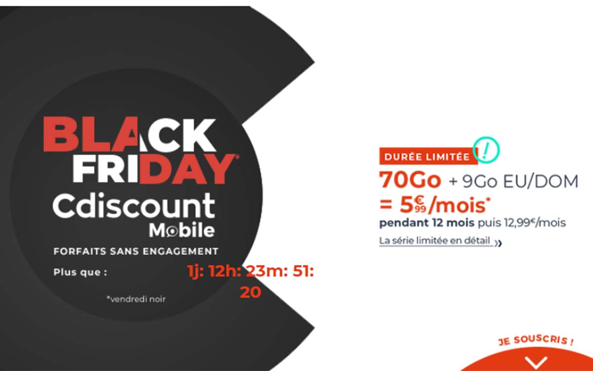 Forfait Cdiscount Mobile : 70 Go à 5,99 € (Black Friday)