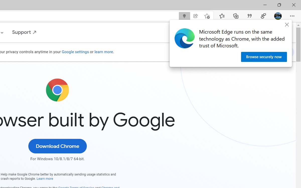 Edge : Microsoft recommence avec ses popups anti-Google Chrome